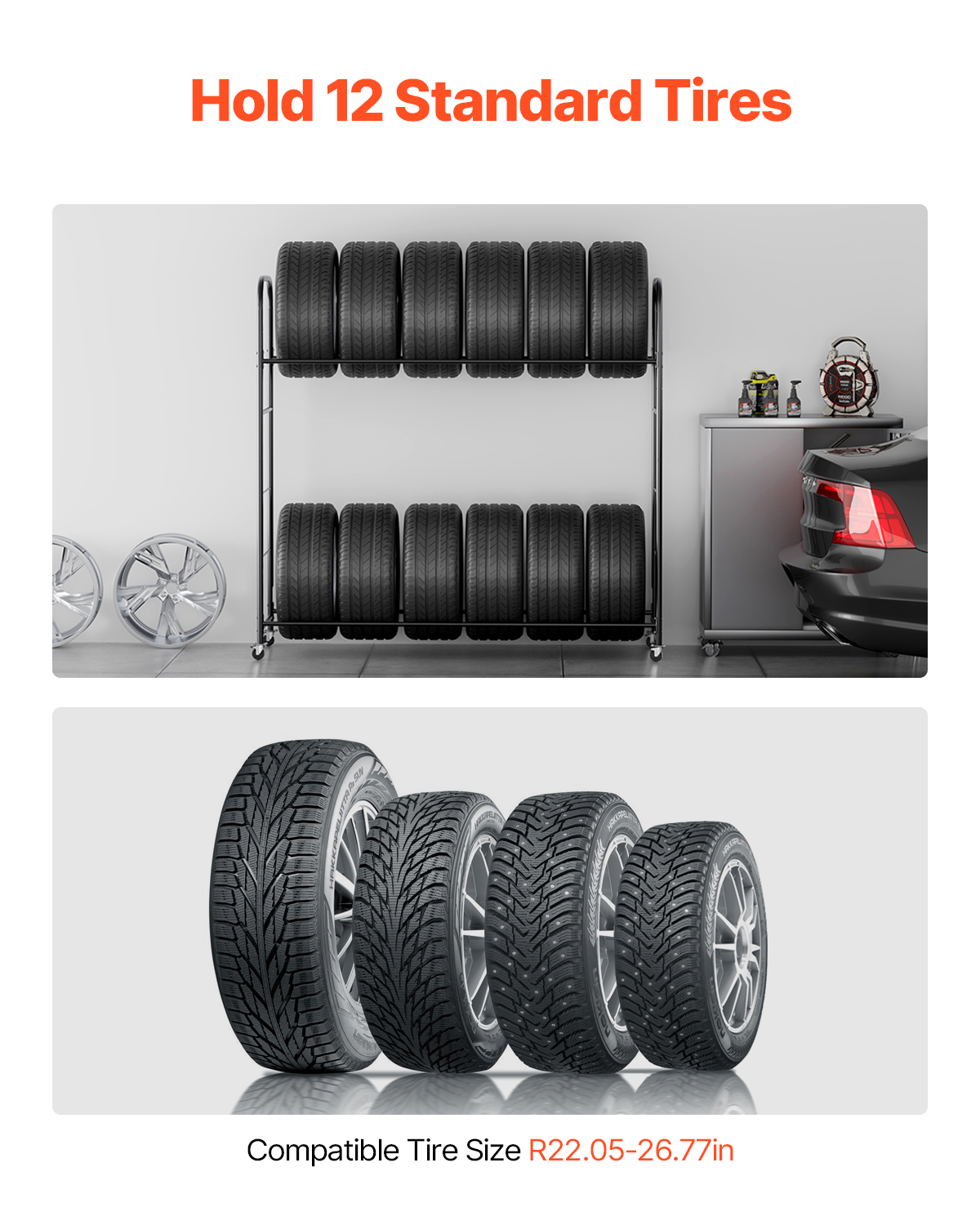 Mophorn Rolling Tire Storage Rack, 2-Shelf Heavy-Duty Steel Tire Holder ...