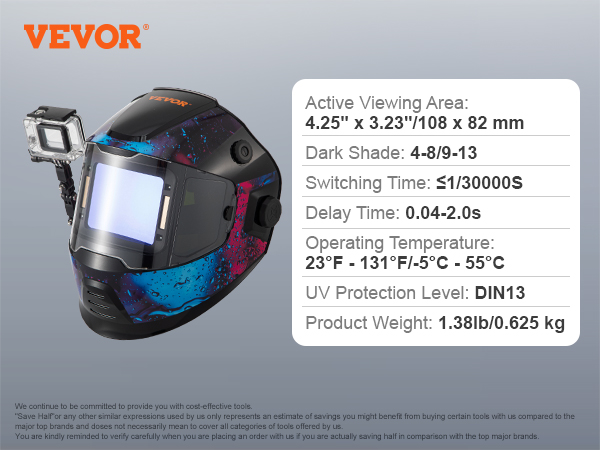 VEVOR Large View Auto Darkening Welding Helmet Arc Tig Mig Grinding ...