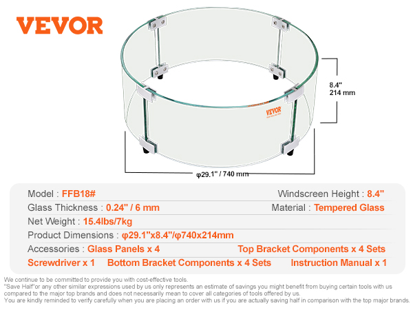 VEVOR Fire Pit Wind Guard, 29 x 8 inch Round Glass Flame Shield, 0.24 ...