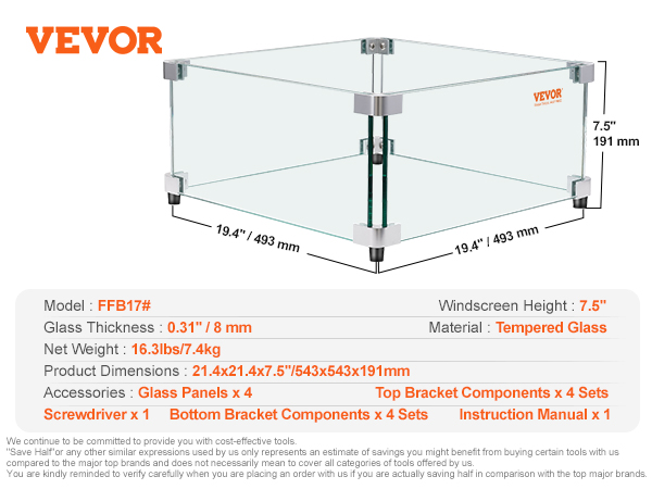 VEVOR Gas Fire Pit Wind Guard for Square Fire Table, 21 x 21 x 7.5 inch ...