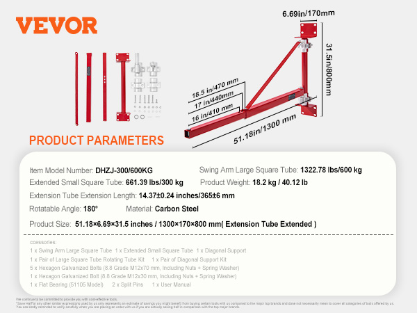 VEVOR Electric Hoist Support Arm, 1320 lbs Max Load Capacity, Electric ...