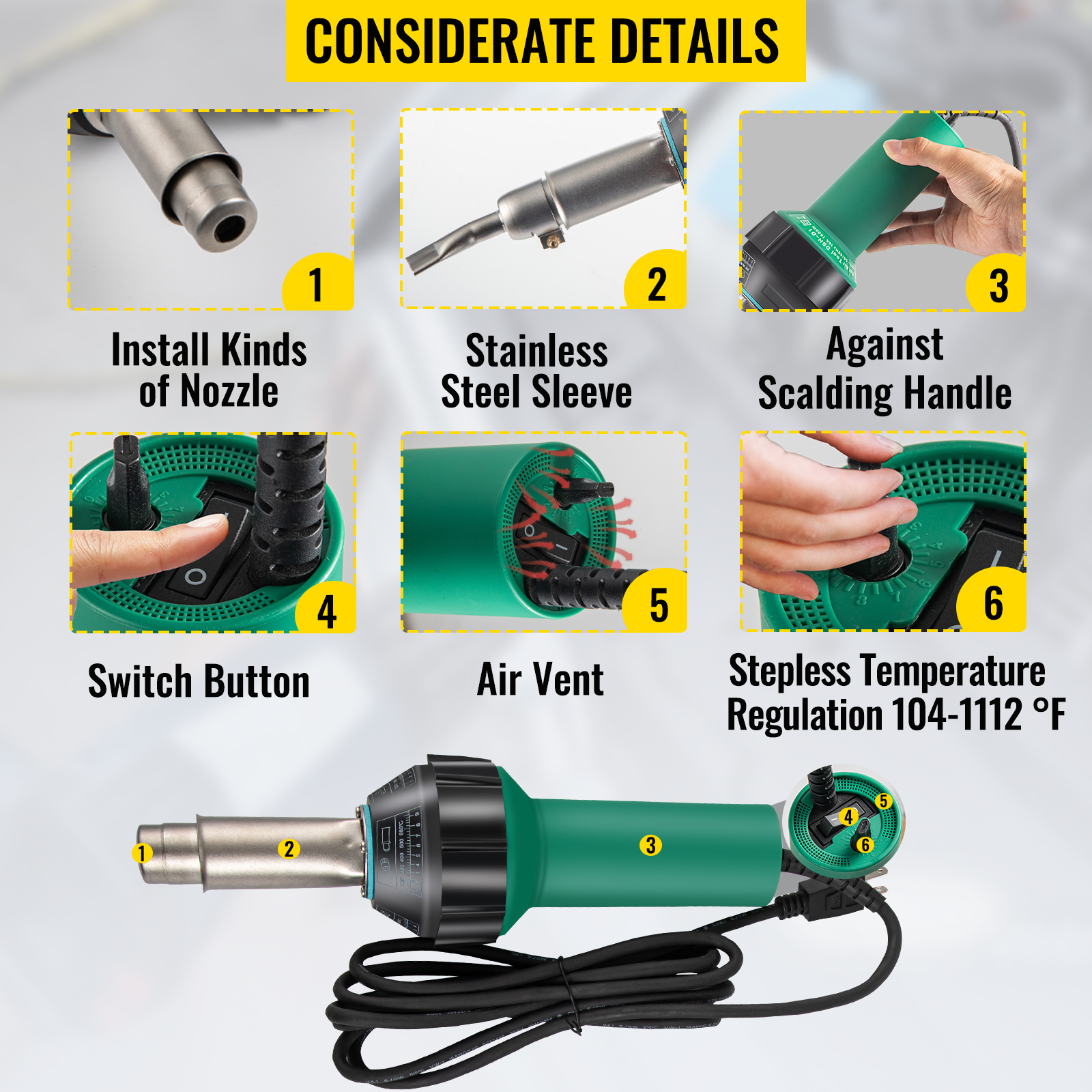 VEVOR Roofing Welder PVC Welding Gun 15 pcs 1600W 120V Hot Air Welding ...