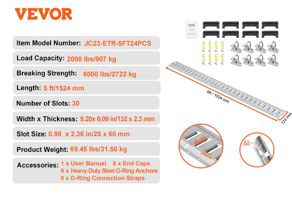 VEVOR E Track Tie-Down Rail Kit, 24PCS 5' E-Tracks Set Includes 8 Steel ...