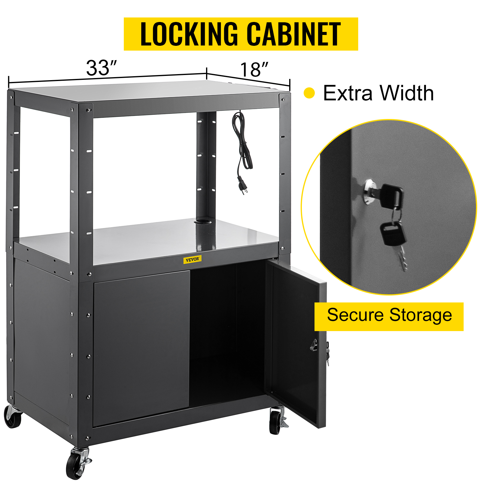 VEVOR Steel AV Cart, 41 Inch Height Adjustable Media Cart with Locking ...