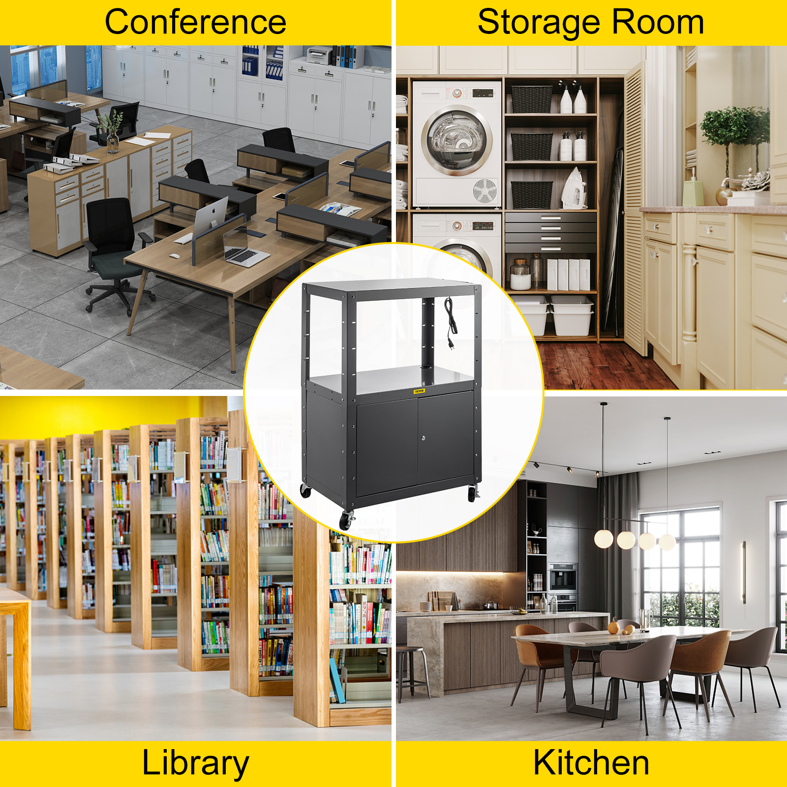 VEVOR Steel AV Cart, 41 Inch Height Adjustable Media Cart with Locking ...