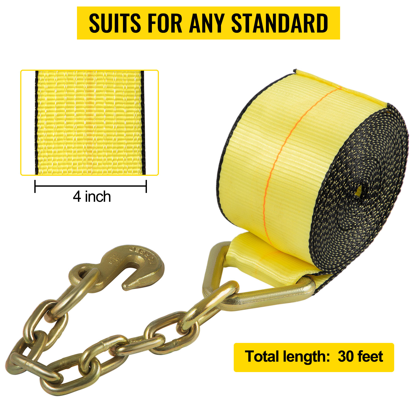 VEVOR Truck Straps, 4"x30' Winch Straps w/Chain Anchor, Flatbed Tie ...