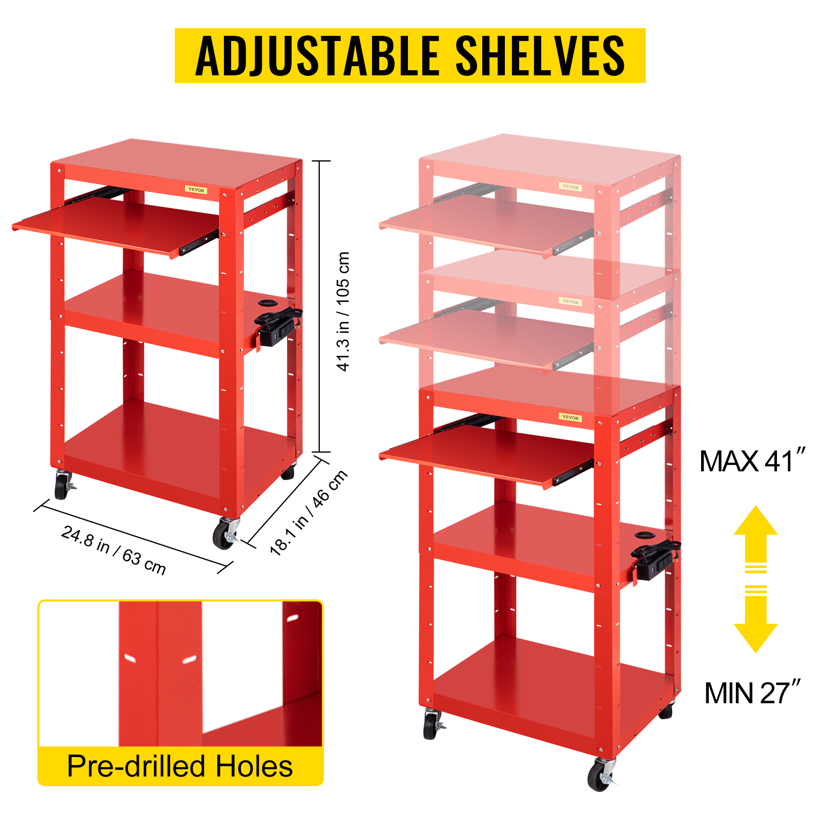VEVOR Steel AV Cart, 27-41" Height Adjustable Media Cart with 19" x 14 ...
