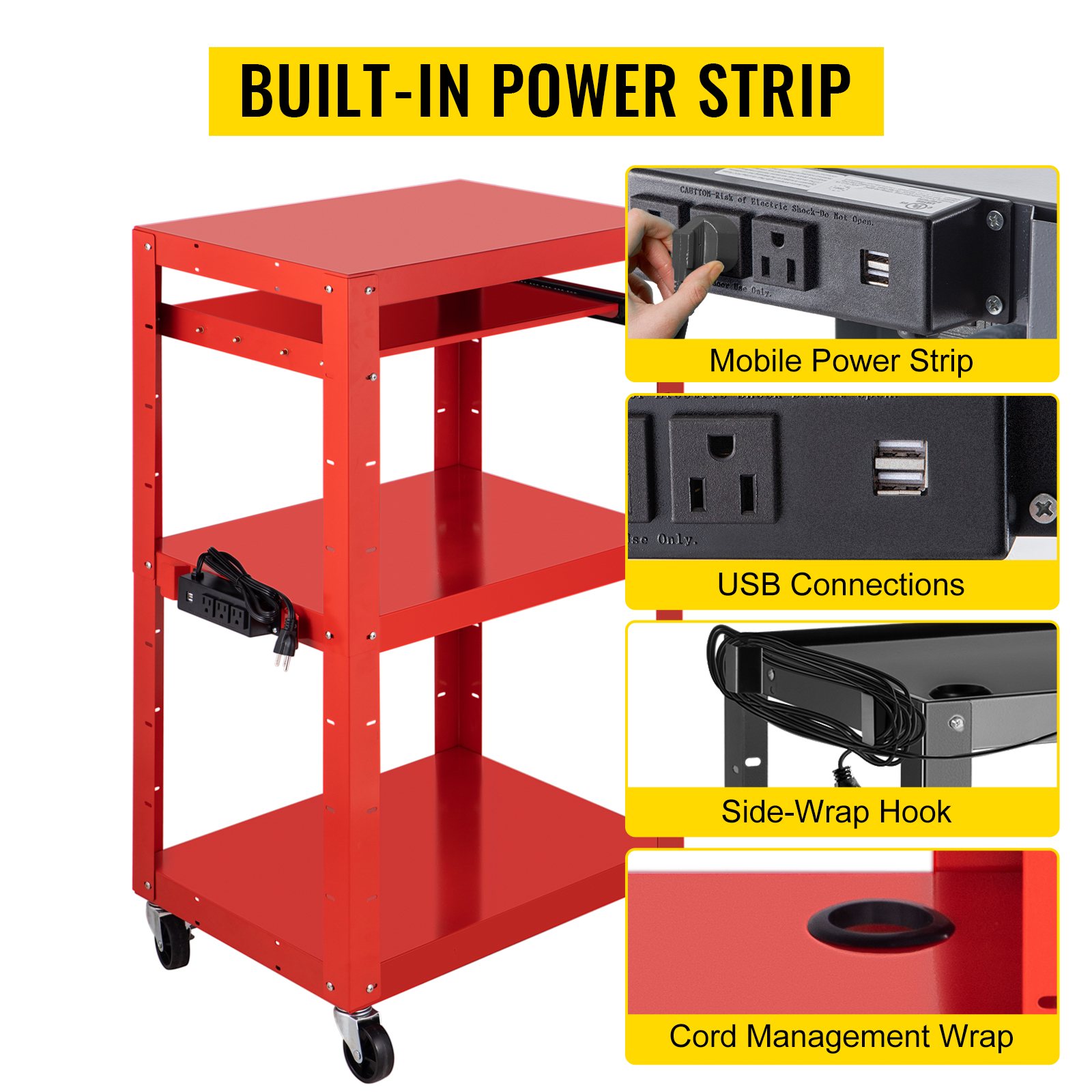 VEVOR Steel AV Cart, 27-41" Height Adjustable Media Cart with 19" x 14 ...