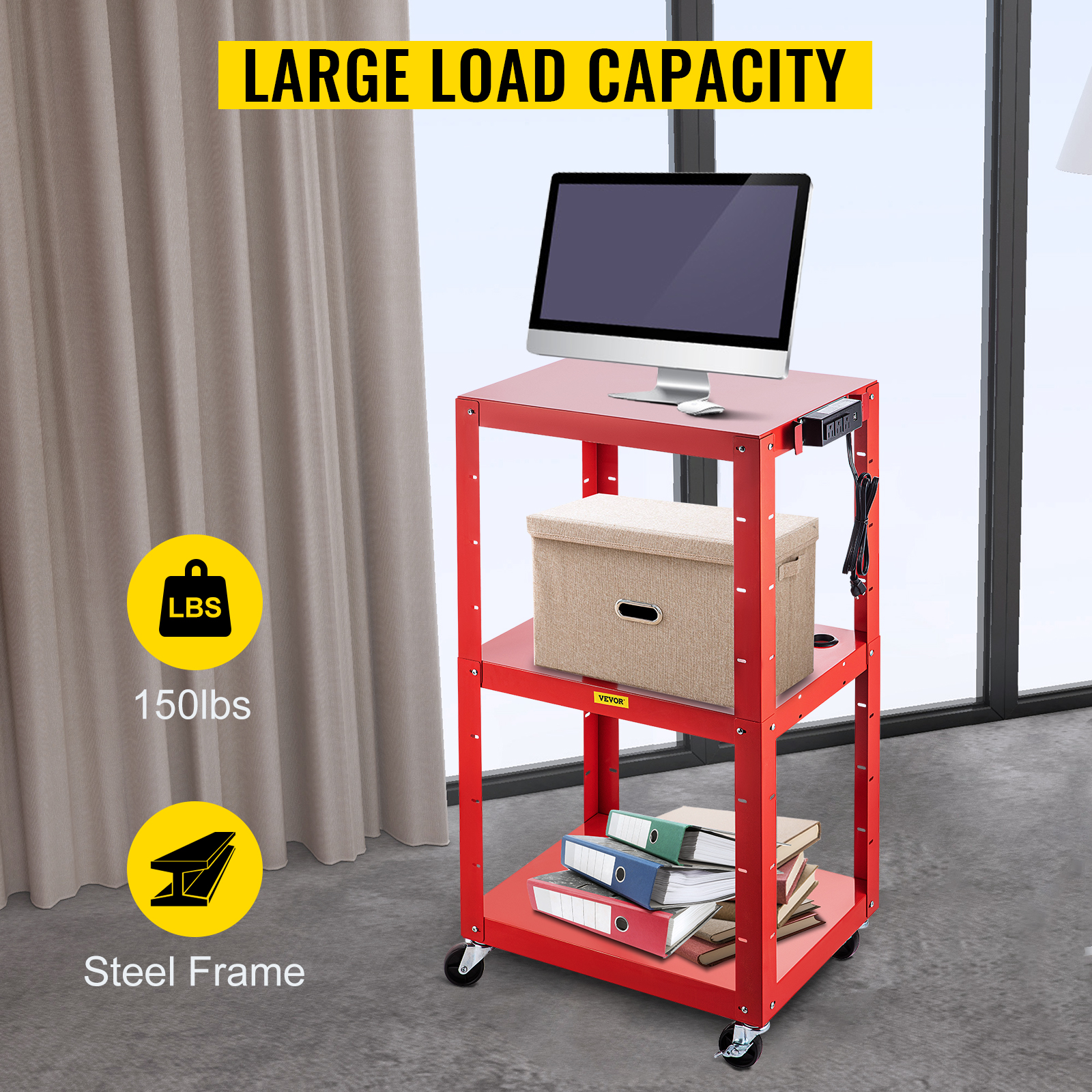 VEVOR Steel AV Cart, 26-41" Height Adjustable Media Cart with Electric ...