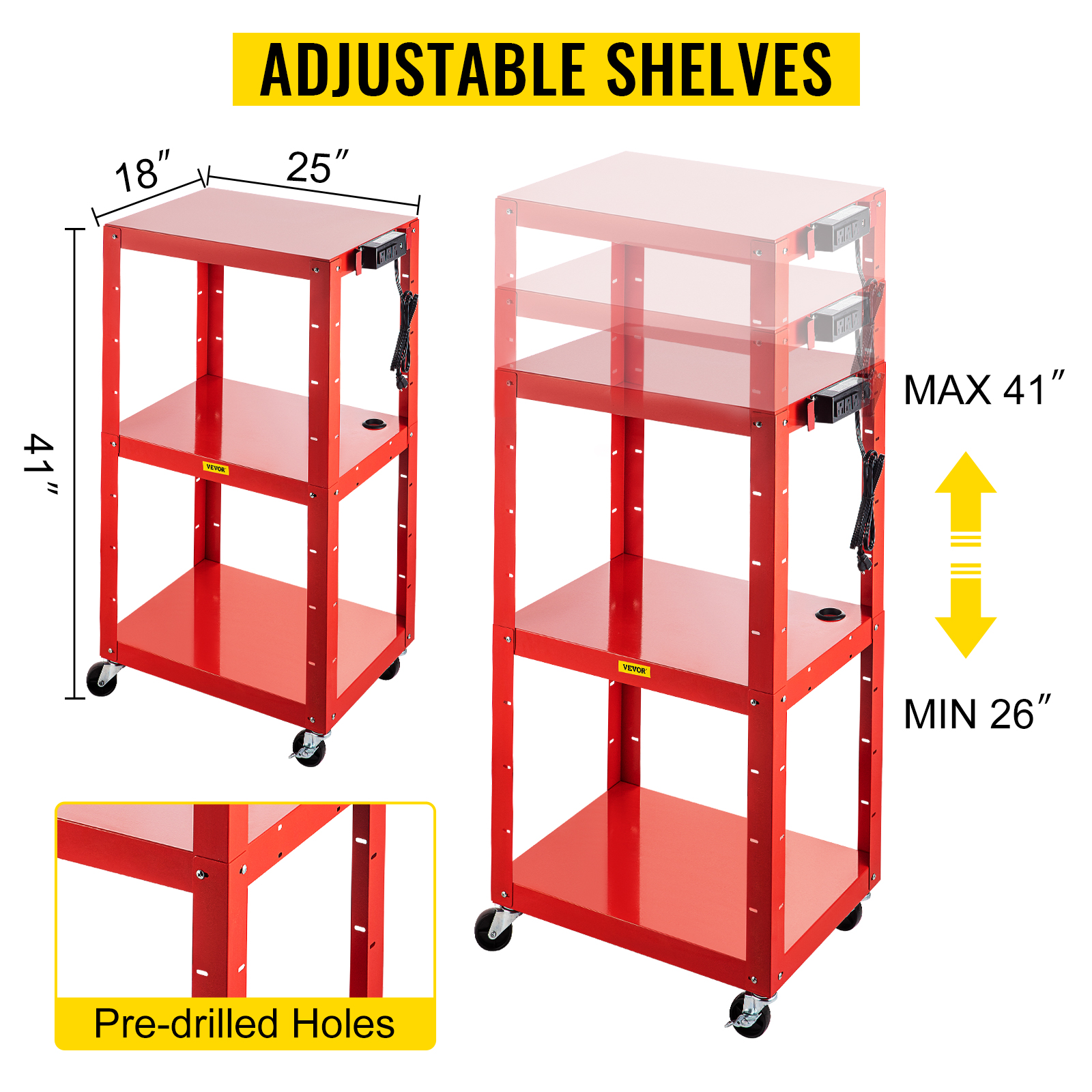 VEVOR Steel AV Cart, 26-41" Height Adjustable Media Cart with Electric ...