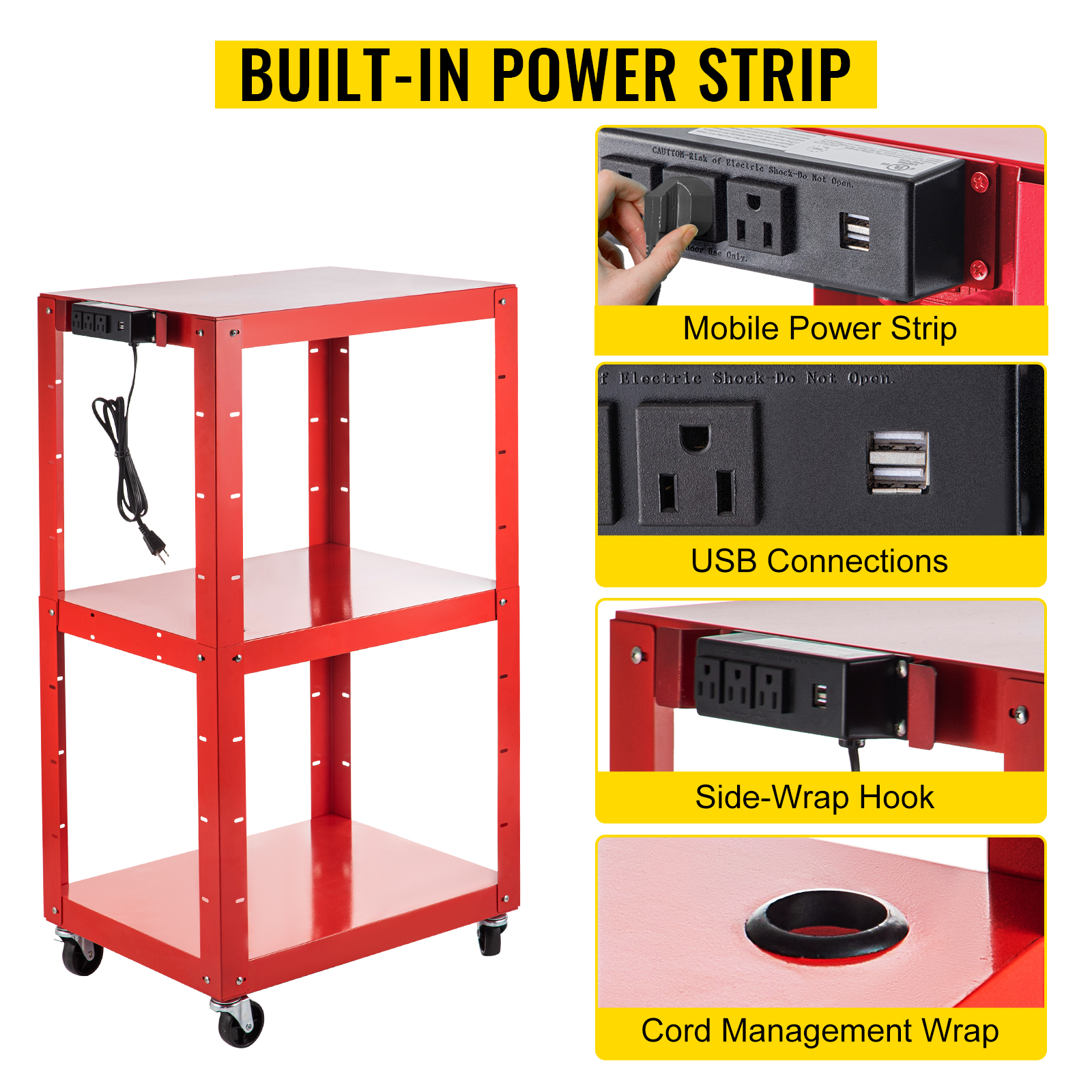 VEVOR Steel AV Cart, 26-41" Height Adjustable Media Cart with Electric ...