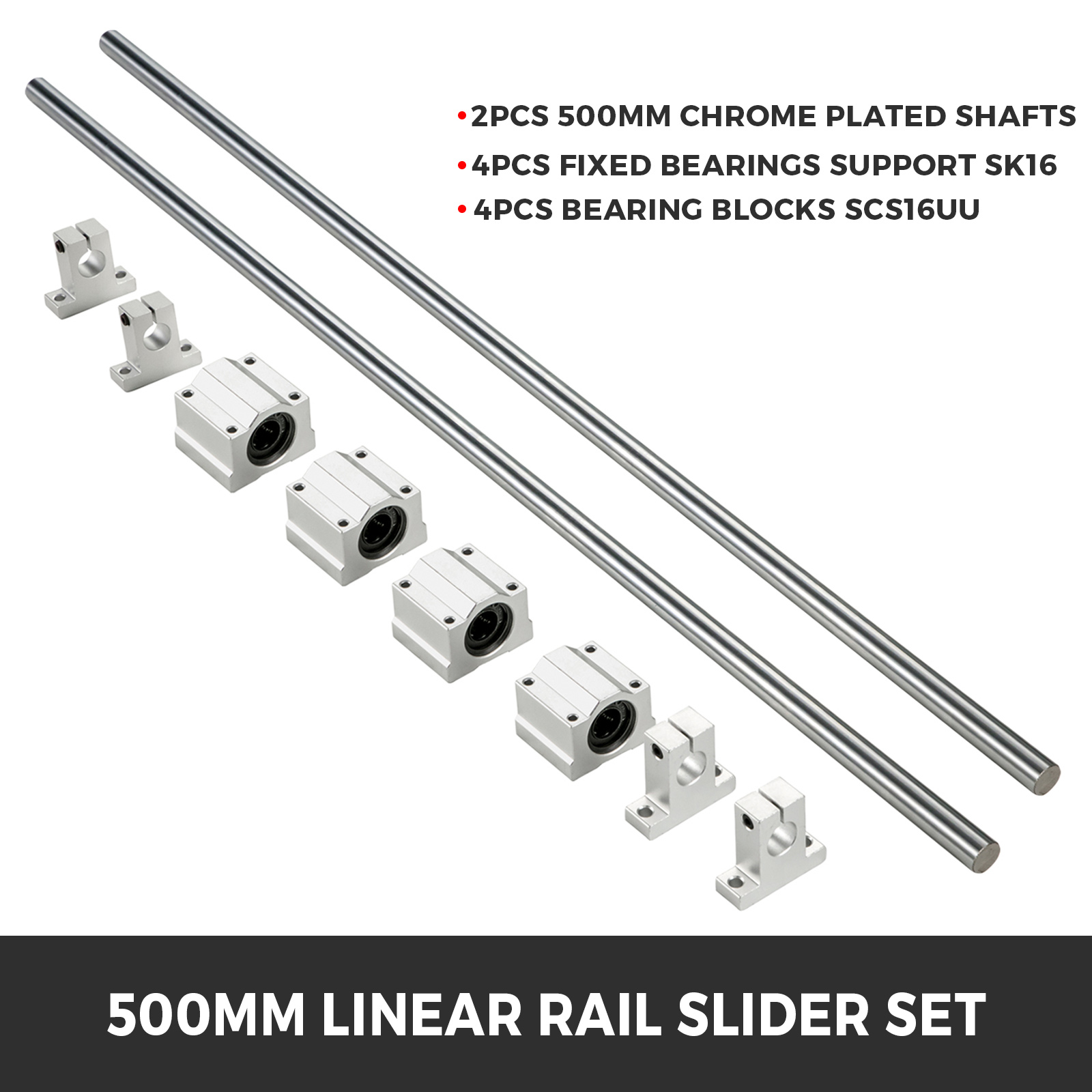 VEVOR Linear Rail 2PCs 16x500 mm Optical Axis w/ Bearing Block & Guide ...