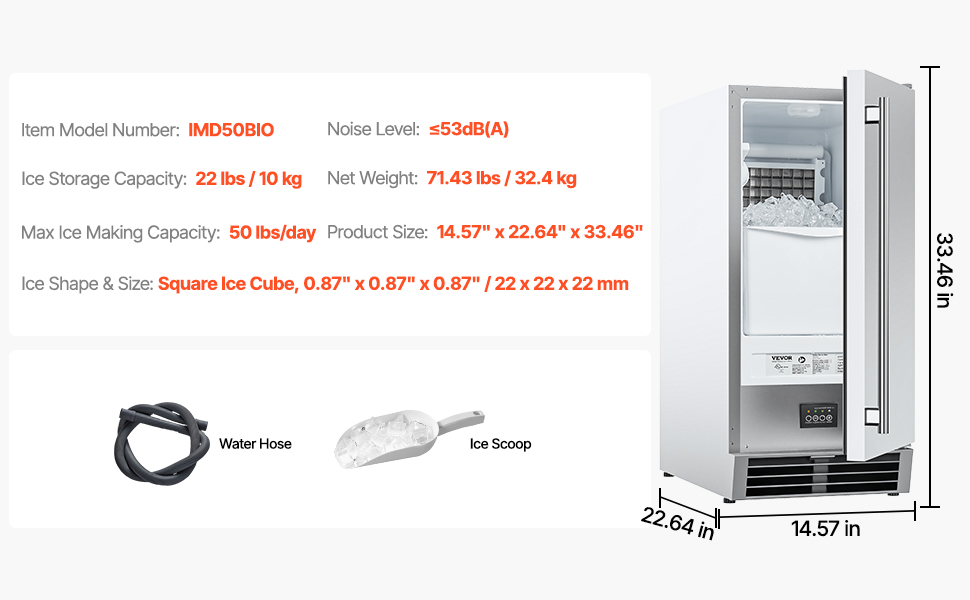 Undercounter Built-in Ice Maker Machine 50 Lbs/Day Reversible Door ...