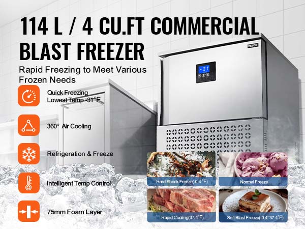 VEVOR 114L Commercial Blast Freezer 5 Trays Blast Chiller Chest Seafood ...