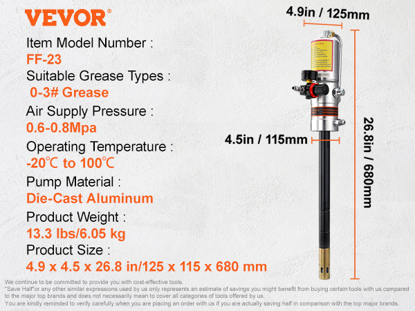 VEVOR Grease Pump, 50:1 Pressure Ratio Air Operated Grease Pump with 13 ...