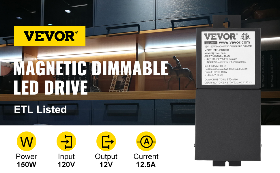 VEVOR Dimmable LED Driver, 12V 150W Magnetic Power Supply, 120V AC ...