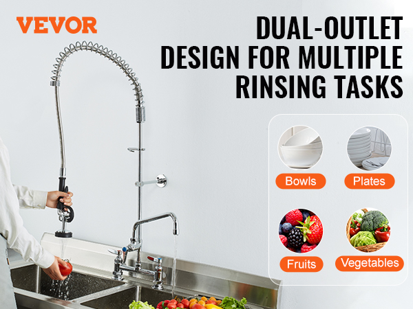 VEVOR Commercial Faucet with Pre-Rinse Sprayer, 44" Height, 8" Center ...