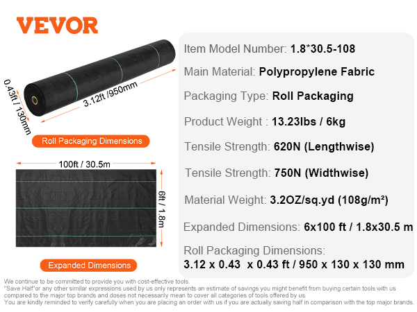 VEVOR Weed Barrier Landscape Fabric, 6*100FT Heavy Duty Garden Weed Fabric, Woven PP Weed ...