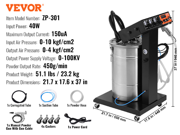 VEVOR Powder Coating System, 40 W 100KV Electrostatic Output Powder ...