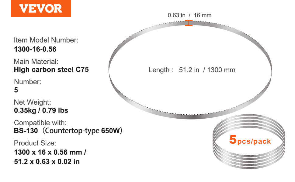 VEVOR Band Saw Blade for Cutting Meat Bone 51.2"x0.63"x0.02" Carbon ...