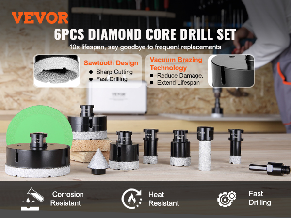 VEVOR Diamond Core Drill Bit Set, 6 PCS 20/25/35/50/75/100mm Diamond ...