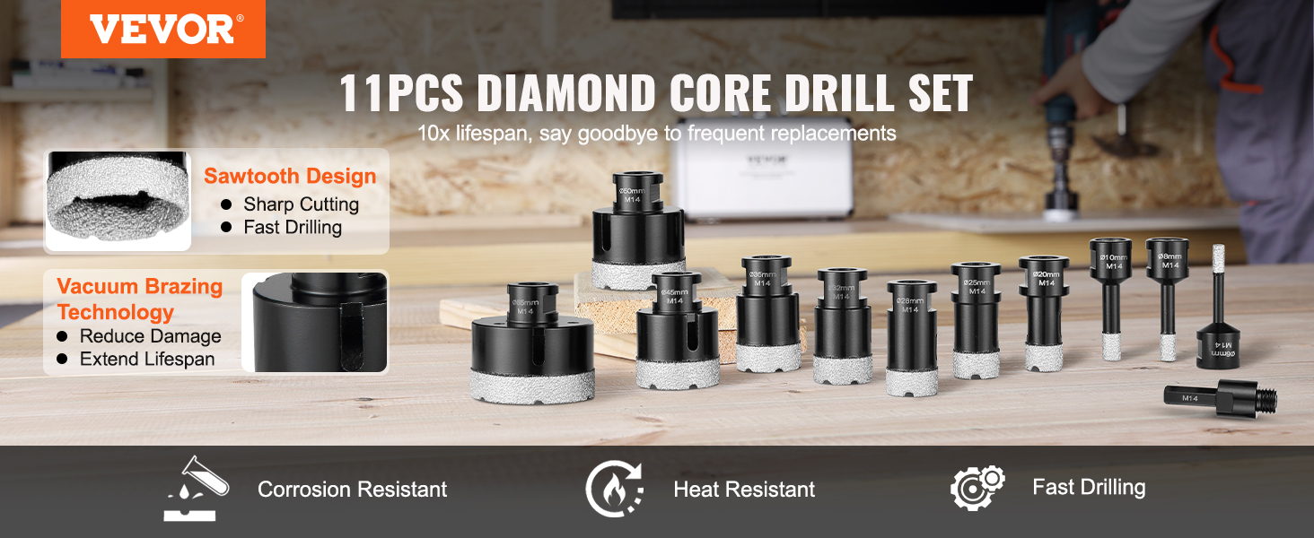 Mophorn Diamond Core Drill Bit Set, 11 PCS 6/8/10/20/25/28/32/35/45/50 ...