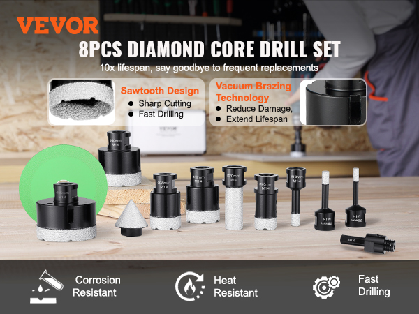 VEVOR Diamond Core Drill Bit Set, 8 PCS 6/8/10/25/35/38/50/65mm Diamond ...