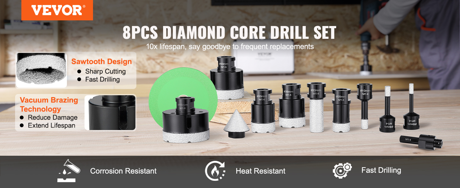 VEVOR Diamond Core Drill Bit Set, 8 PCS 6/8/10/25/35/38/50/65mm Diamond ...