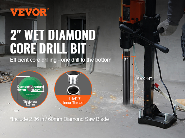 VEVOR Core Drill Bit, 2" Wet Diamond Core Drill Bits, 14" Drilling ...
