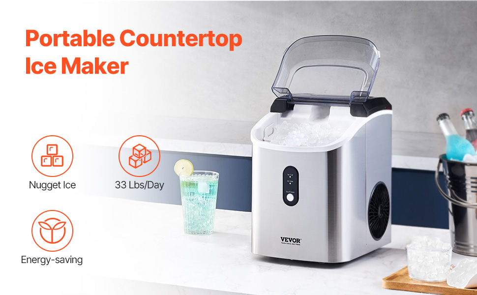 VEVOR Countertop Nugget Ice Maker 33Lbs/24H Self-Cleaning with Scoop ...