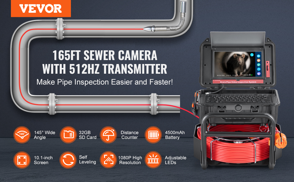 VEVOR Sewer Camera 165 ft/50m Self-Leveling Drain Camera with 10.1 ...
