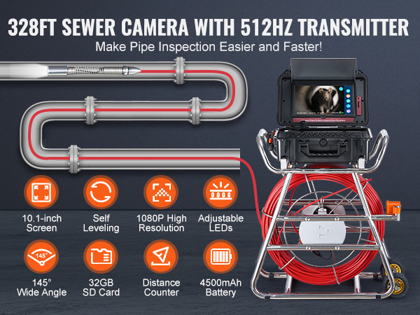 VEVOR Sewer Camera 328 ft/100m Self-Leveling Drain Camera with 10.1 ...