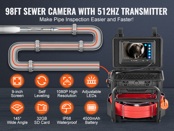 VEVOR Sewer Camera 98 ft/30m Self-Leveling Drain Camera with 512Hz ...