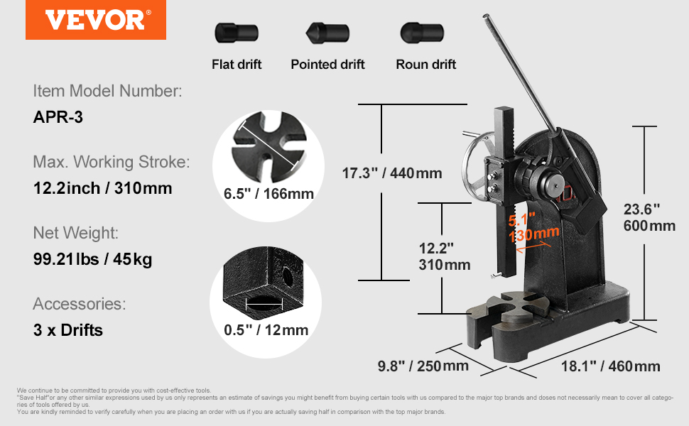 VEVOR Arbor Press, 3 Ton Ratchet Type Arbor Press, Ratchet Leverage ...