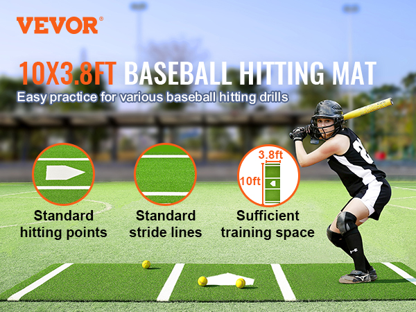 VEVOR Baseball Softball Hitting Batting Mat, 10' x 3.8' Indoor/Outdoor Softball Mat, Lined ...
