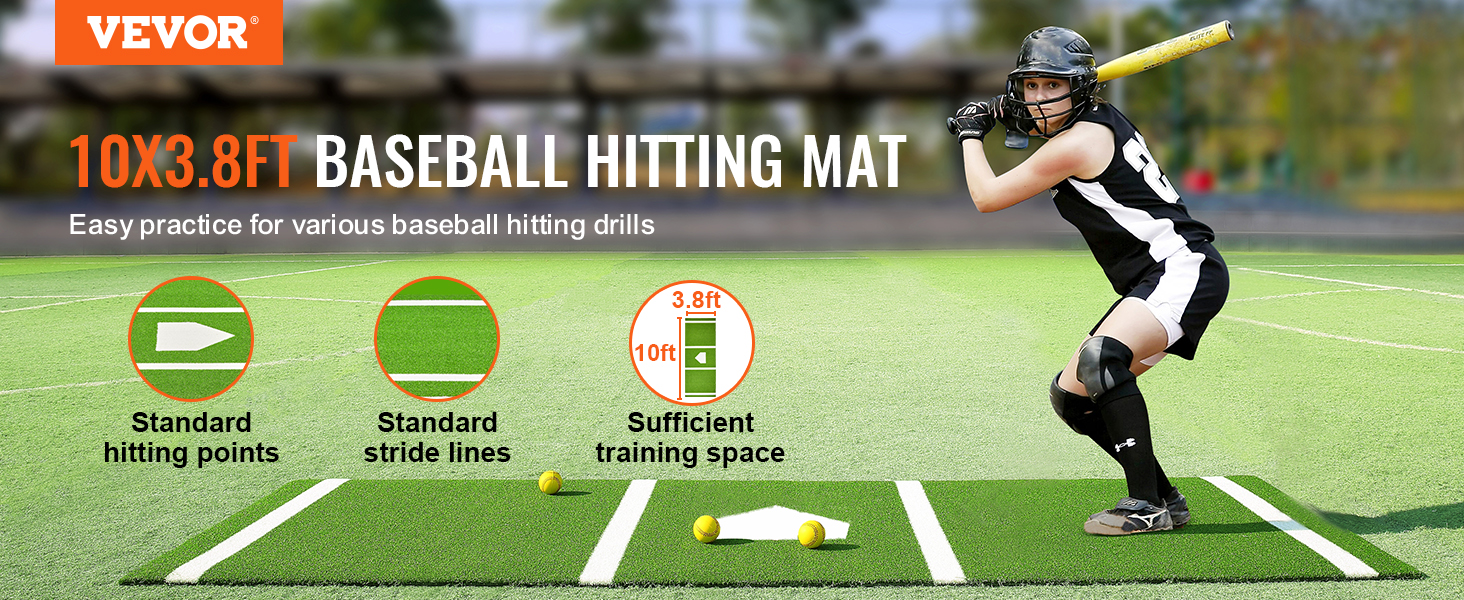 VEVOR Baseball Softball Hitting Batting Mat, 10' x 3.8' Indoor/Outdoor ...