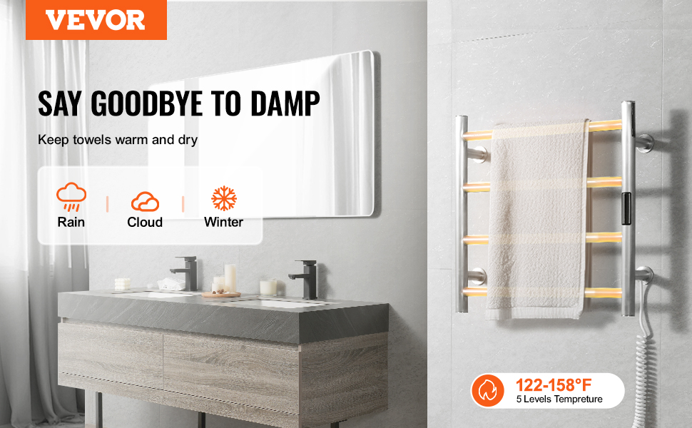 VEVOR 4-Bar Towel Warmer Rack Wall Mounted Heated Towel Rack for ...