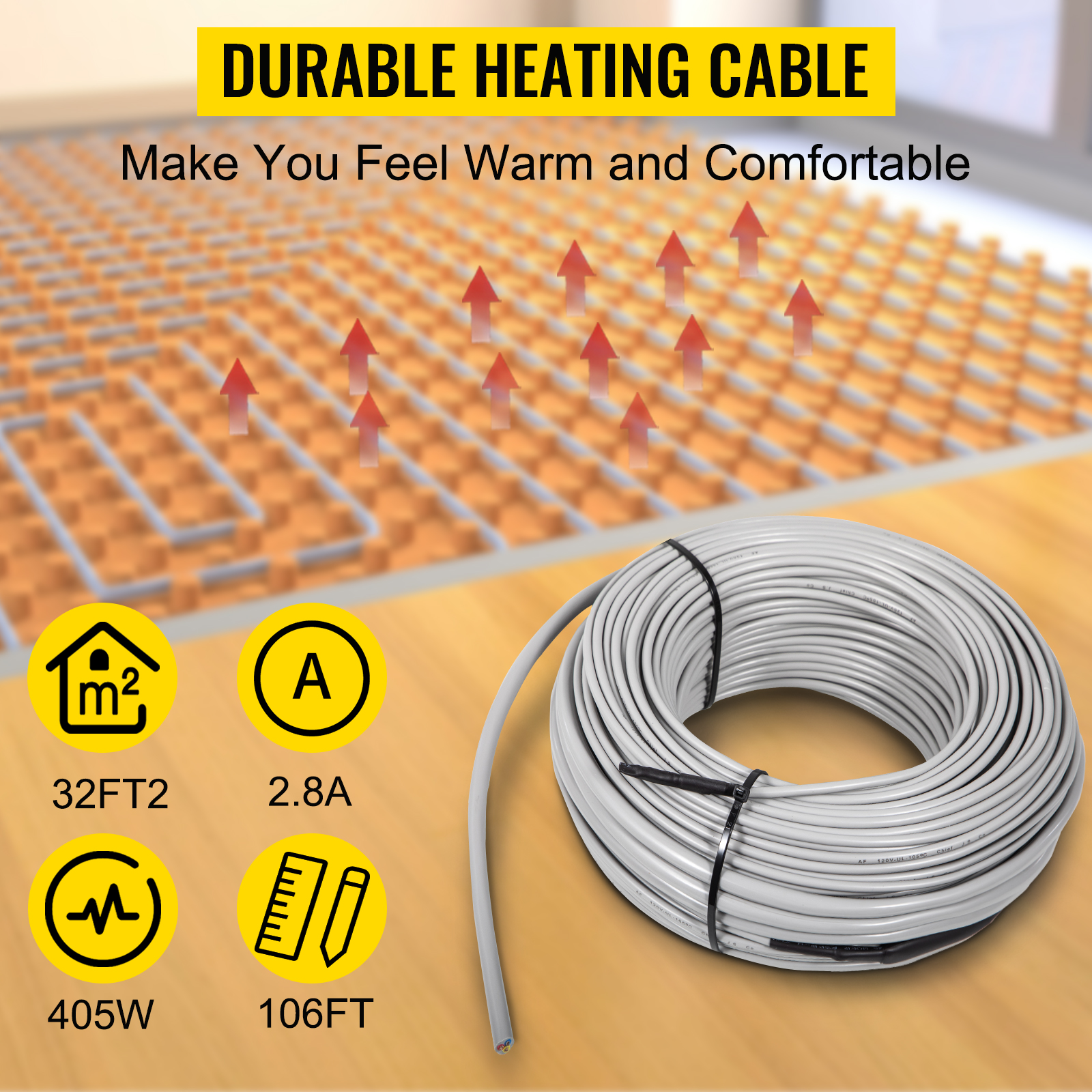 VEVOR Floor Heating Cable,405W 120V Floor Tile Heat Cable,106 FT Long ...