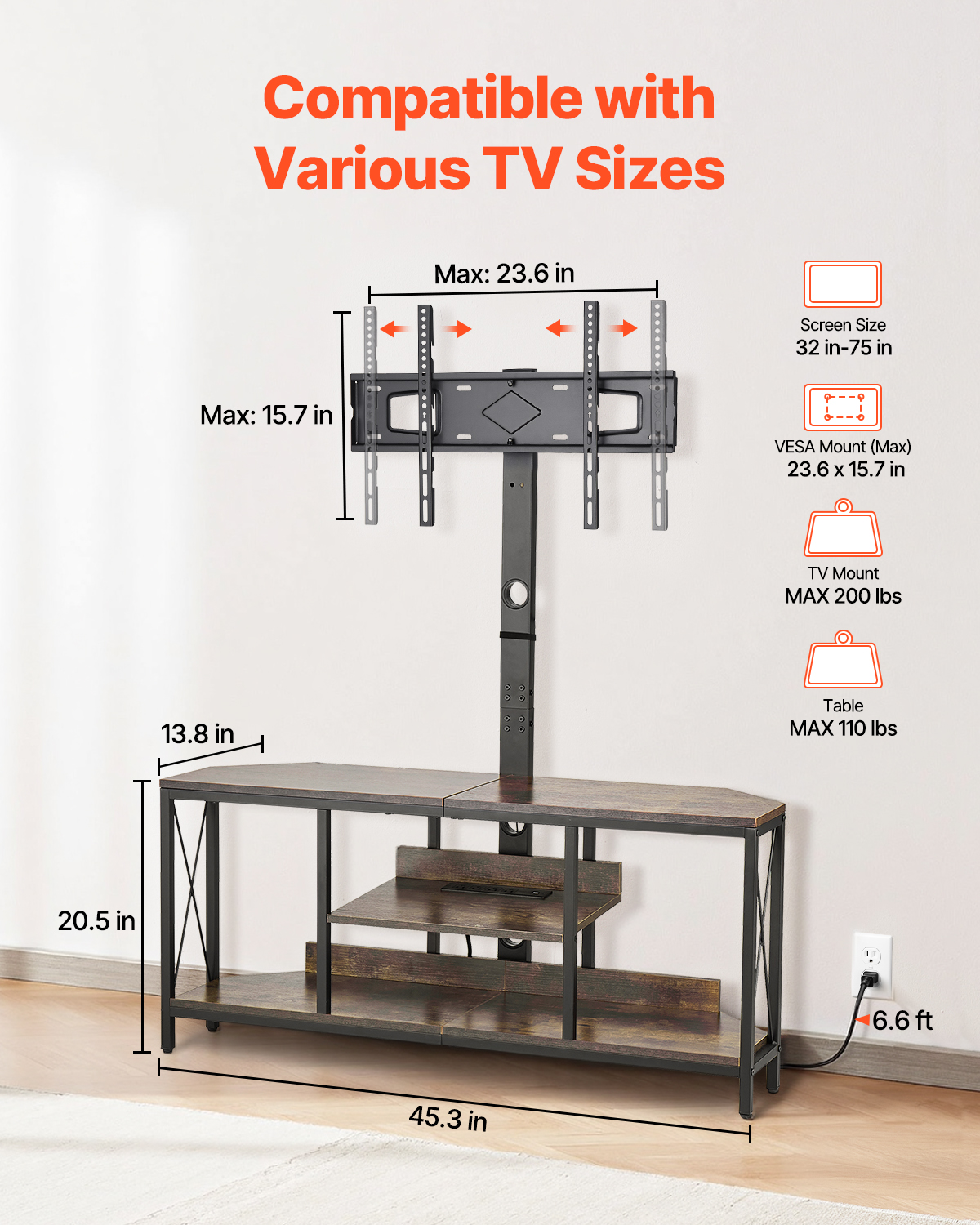 45/48/52/60" TV Stand with Mount for up to 75" TVs w/ Drawer/LED Light ...