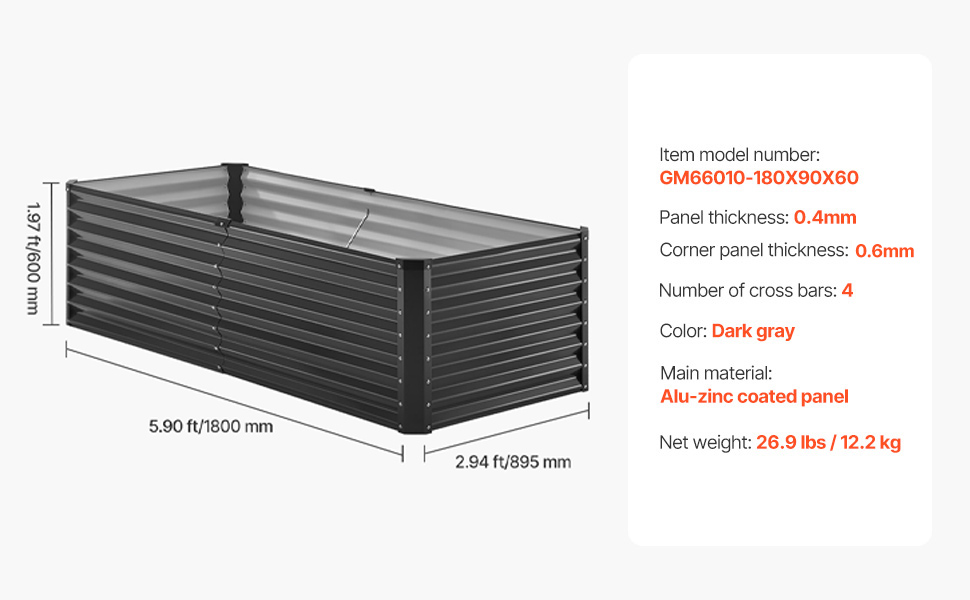 VEVOR Metal Raised Garden Bed 6x3x2ft Outdoor Galvanized Planter Box ...