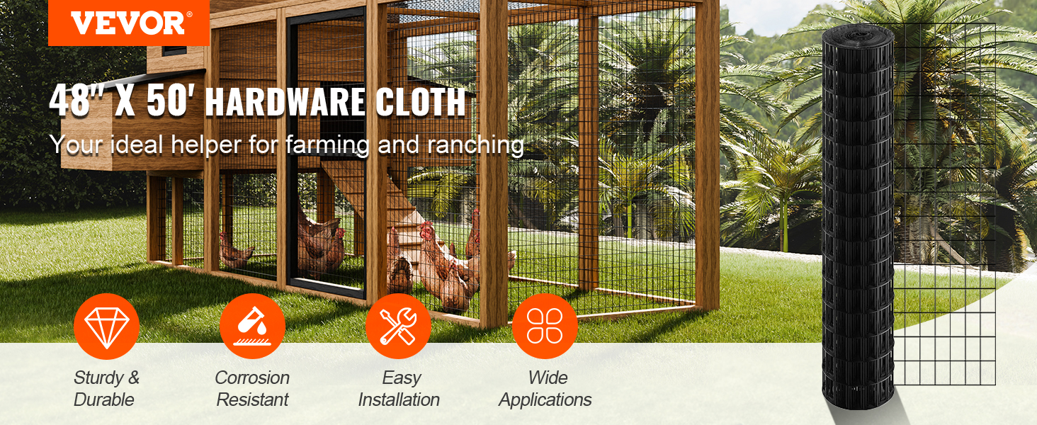 VEVOR Hardware Cloth, 48'' x 50' Galvanized Wire Mesh Roll, 16 Gauge ...
