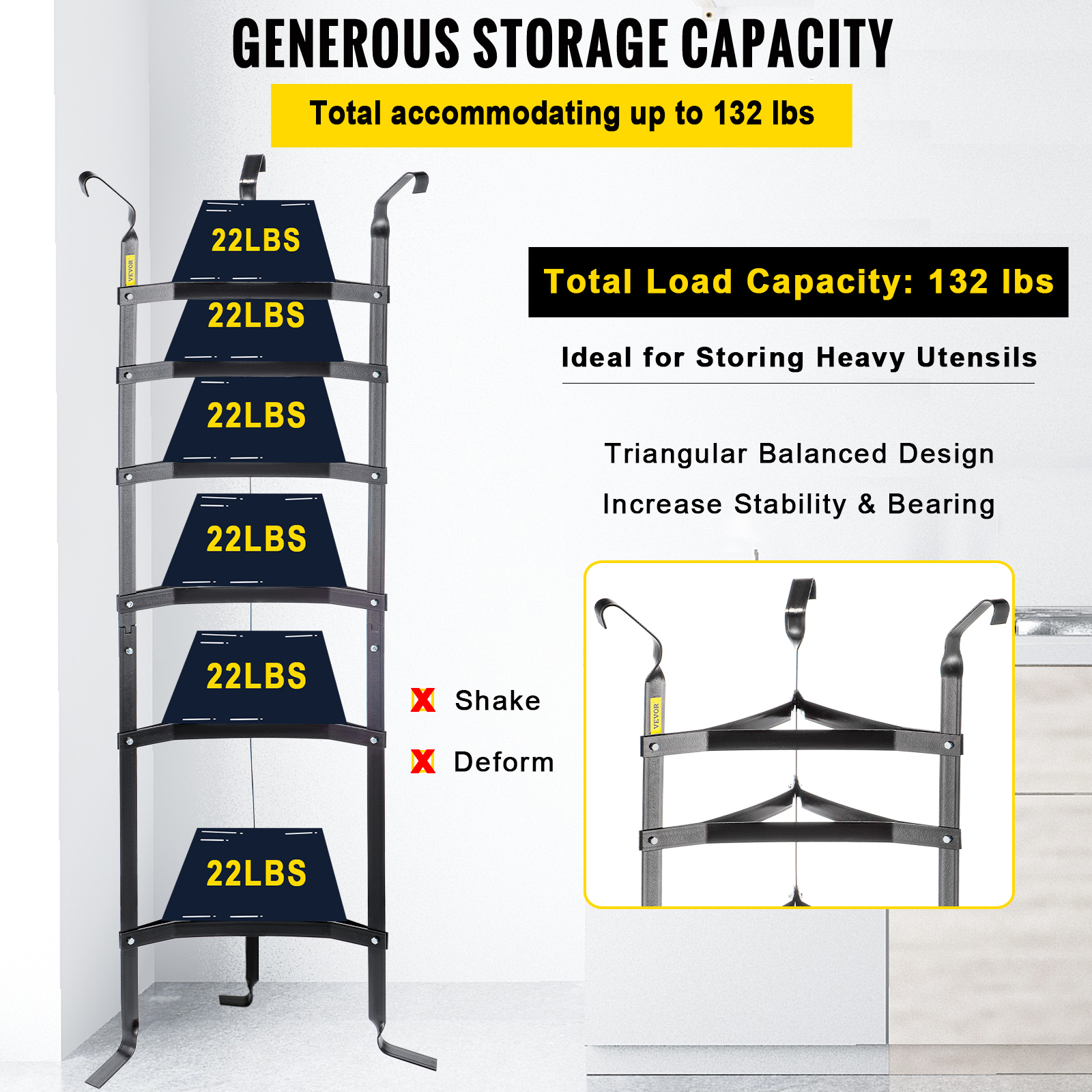 VEVOR Cookware Stand Vertical Pot Rack 5/6/8 Shelf Storage Kitchen ...