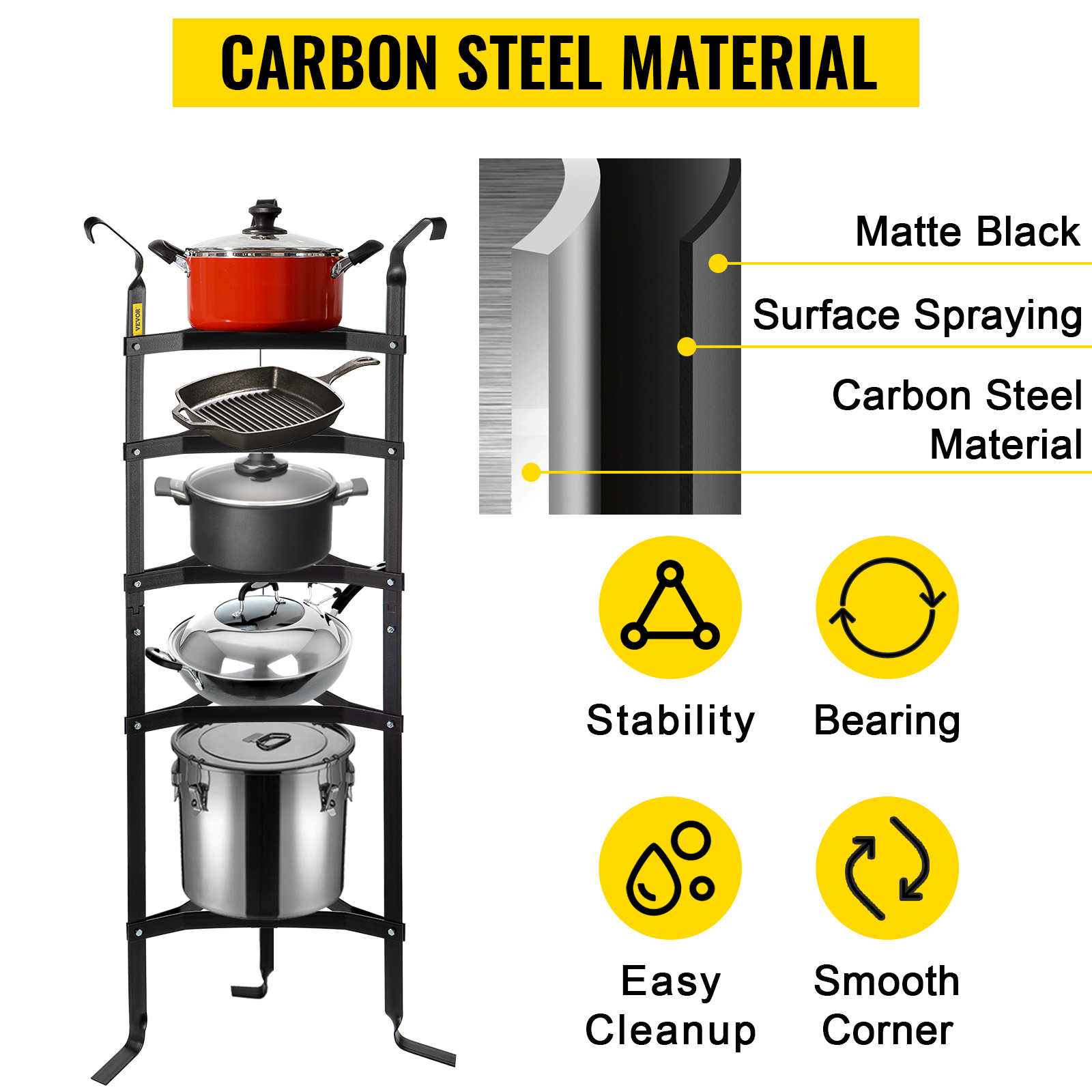 VEVOR 5-Tier Cookware Stand, Carbon Steel Multi-Layer Pot Rack, 42.7 ...
