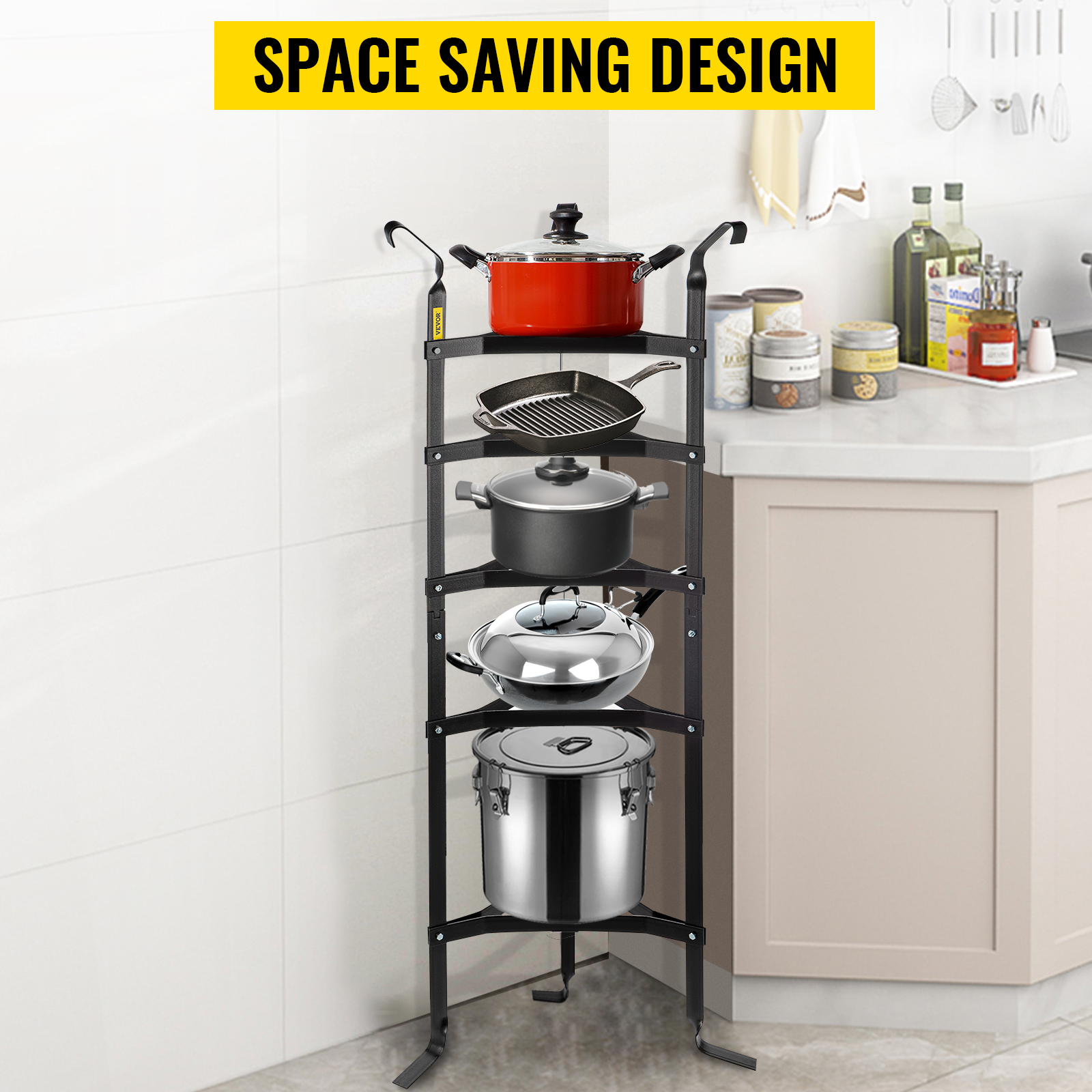 VEVOR 5-Tier Cookware Stand, Carbon Steel Multi-Layer Pot Rack, 42.7 ...