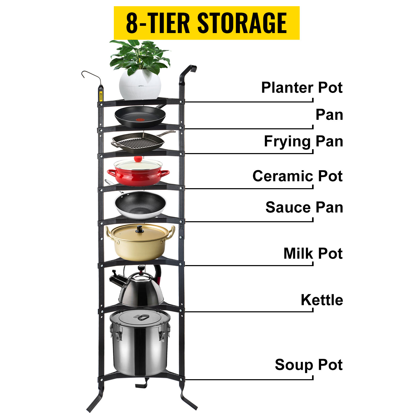 VEVOR 8-Tier Cookware Stand, Carbon Steel Multi-Layer Pot Rack, 68-inch ...