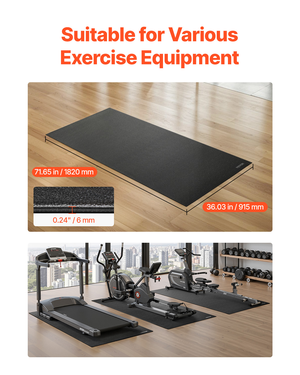 Treadmill Mat for Carpet Floor 1/4" Thick 30/36"x72/78" Exercise ...