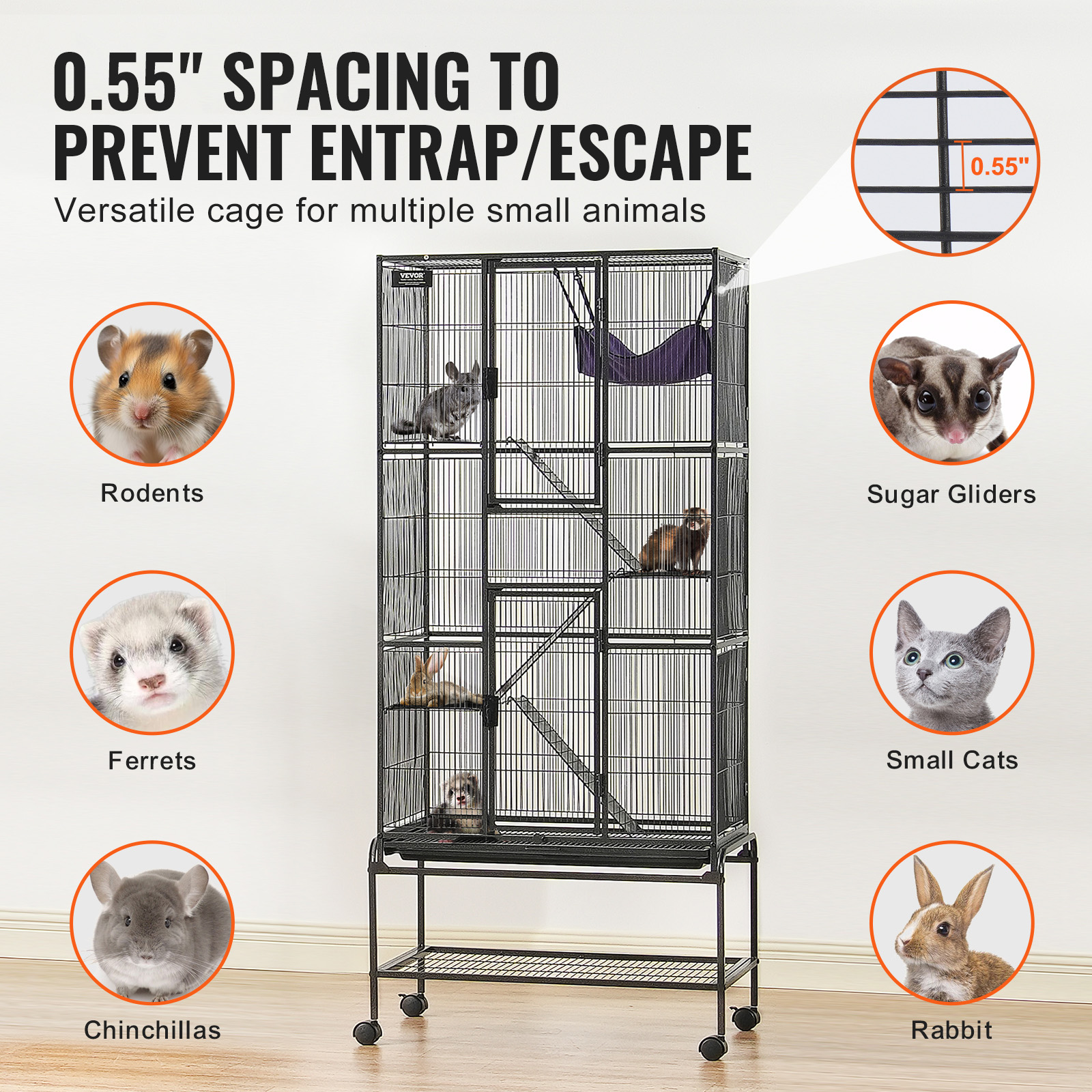 VEVOR 36-69" Metal Small Animal Cage 2-Tier Rolling Ferret Cage with ...