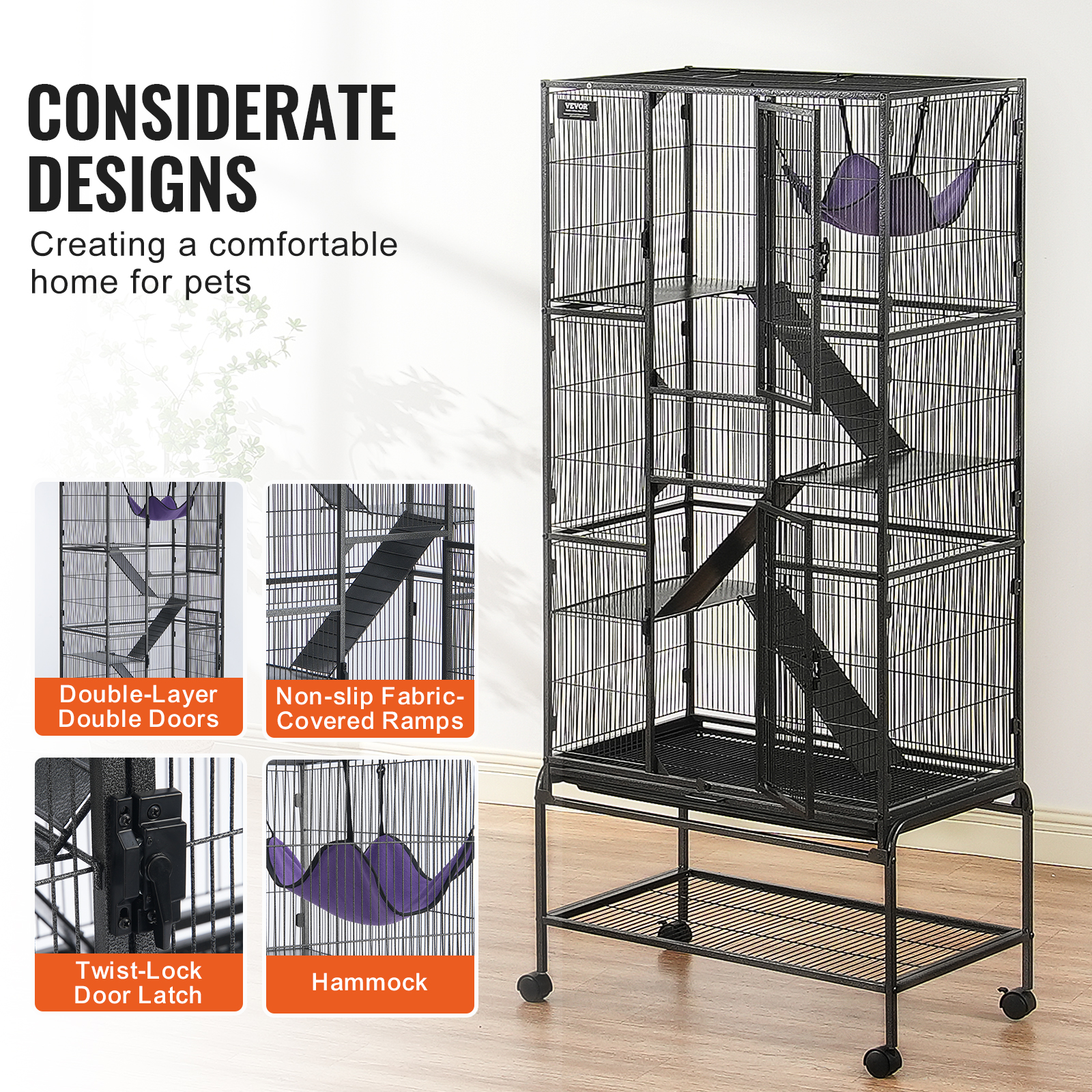 VEVOR 36-69" Metal Small Animal Cage 2-Tier Rolling Ferret Cage with ...