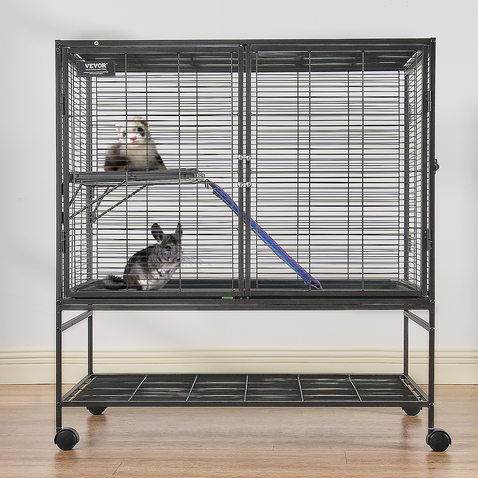 VEVOR 36-69" Metal Small Animal Cage 2-Tier Rolling Ferret Cage with ...