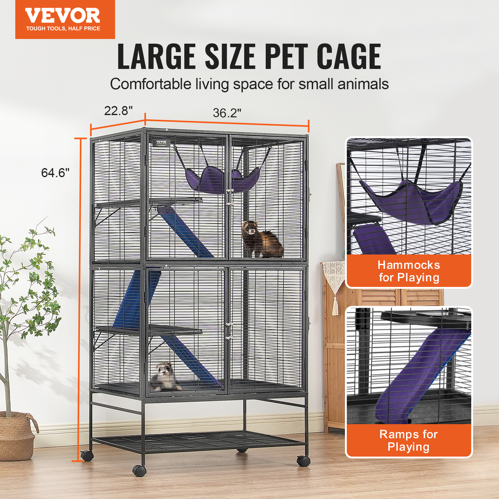 VEVOR 36-69" Metal Small Animal Cage 2-Tier Rolling Ferret Cage with ...